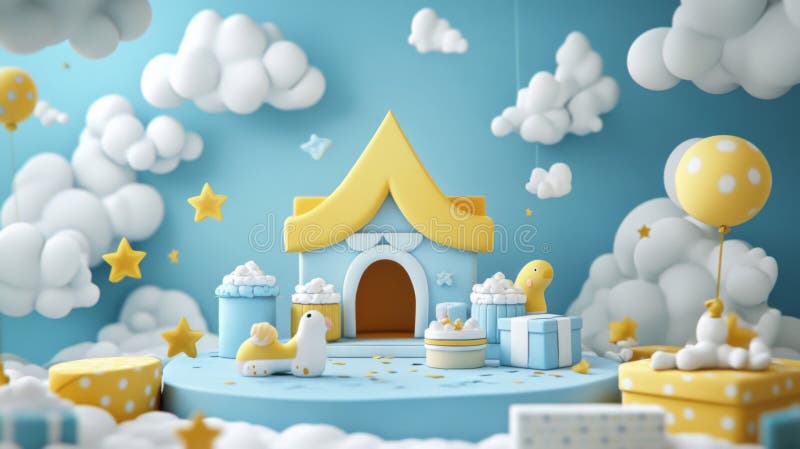 A Whimsical Baby Shower Scene with Clouds and Gifts Stock Illustration ...