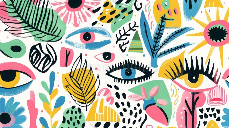 Whimsical Background Pattern with Vibrant Eyes, Abstract Shapes, and ...