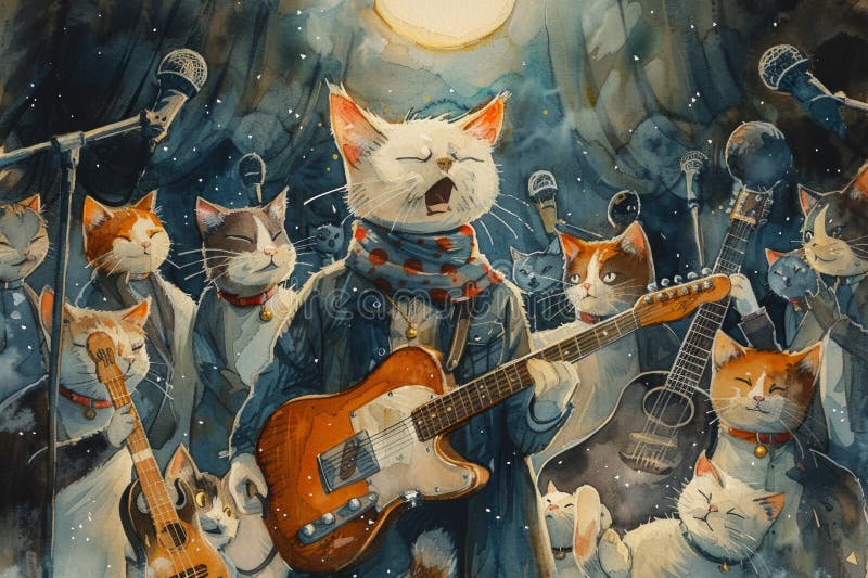 Whimsical Band of Cats Performing a Concert Under Starlit Sky Stock ...