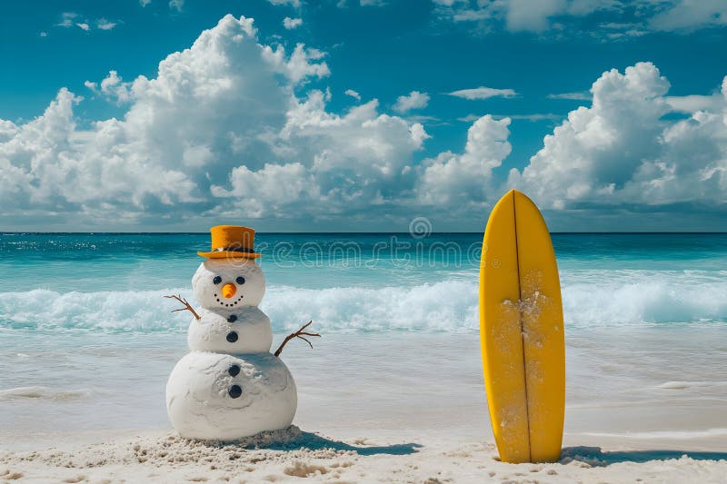 Whimsical Beach Scene with Snowman and Surfboard by Ocean Waves Stock ...