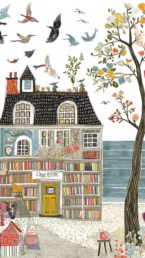 Whimsical Beachside Library with Birds and Tree in Illustrative Style ...