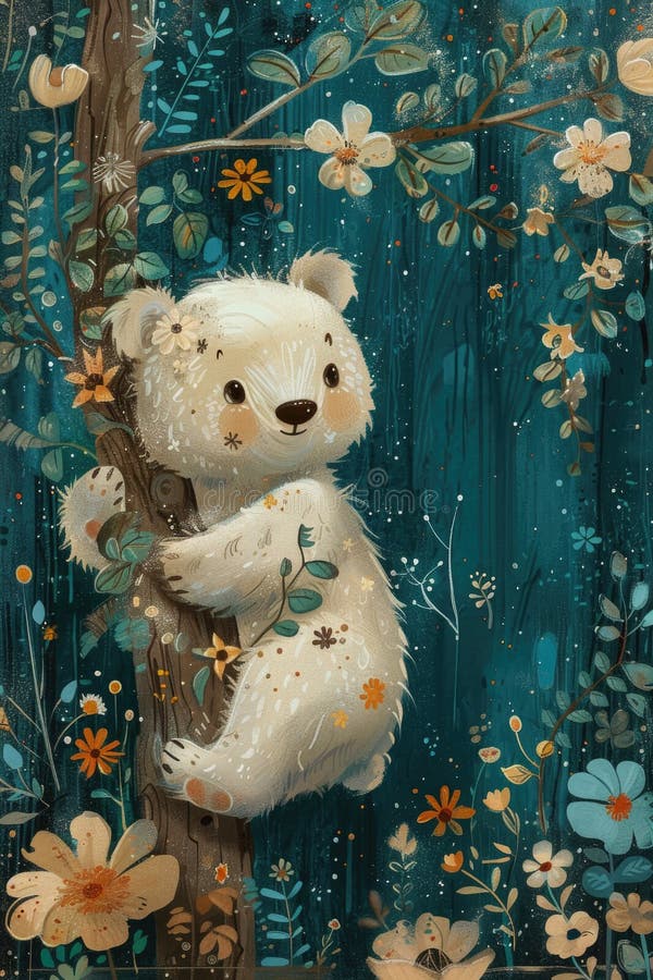 Whimsical Bear Cub Hugging Tree in Enchanted Forest with Flowers and ...