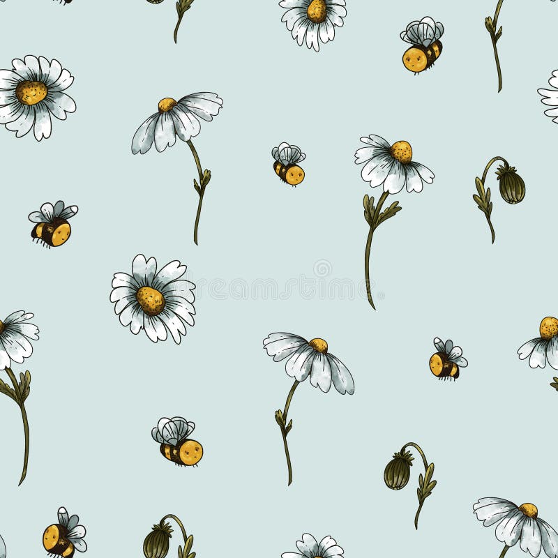 Whimsical Bees and White Flowers Seamless Pattern Stock Illustration ...