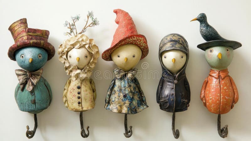 Whimsical Bird Figures with Unique Hats and Patterns for Decorative ...
