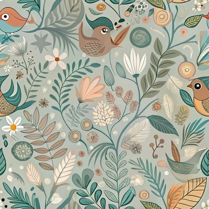 Whimsical Bird and Floral Pattern on a Pastel Background Stock Photo ...