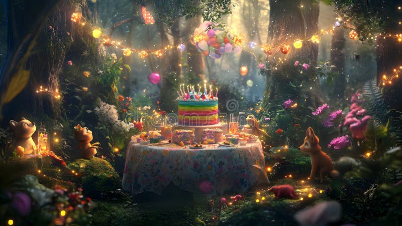 Whimsical Birthday Celebration in a Magical Forest Setting Stock ...