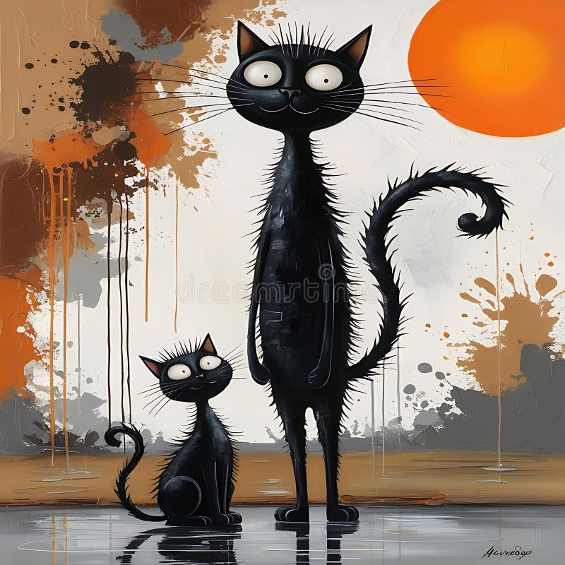 Whimsical Black Cats Art with Orange Sun Stock Illustration - Illustration of decor, black ...
