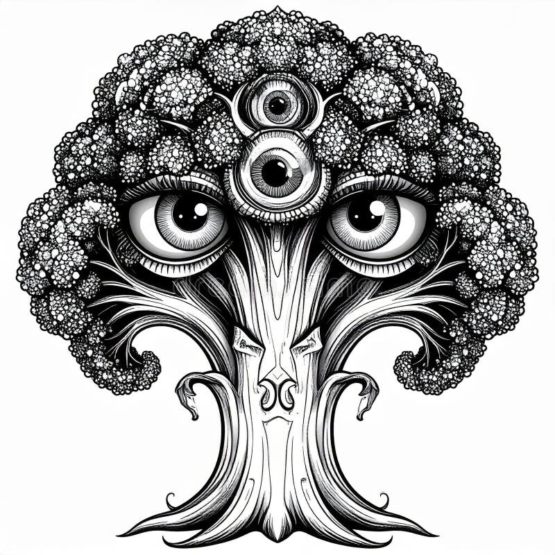 Whimsical Black and White Broccoli Tree Illustration Stock Illustration ...