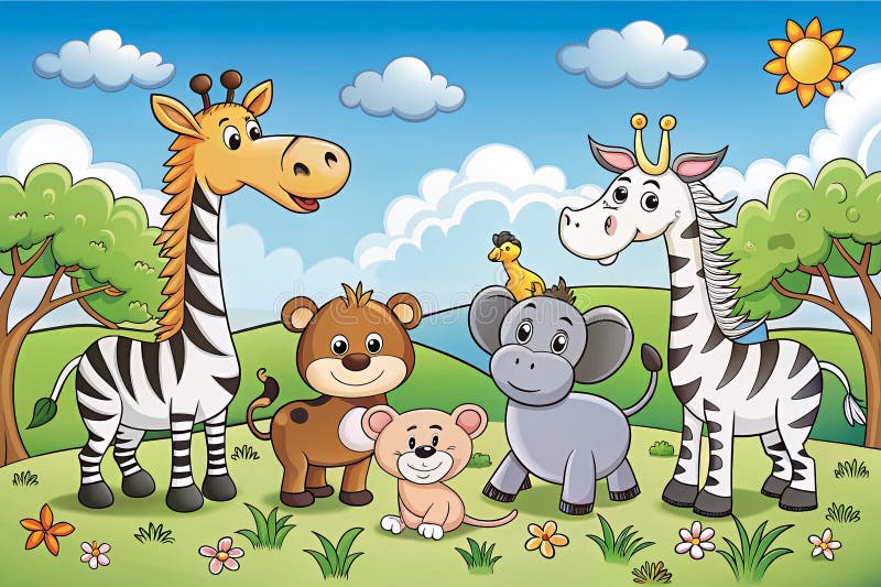 Whimsical Black and White Cartoon Animals Engaging in Playful ...