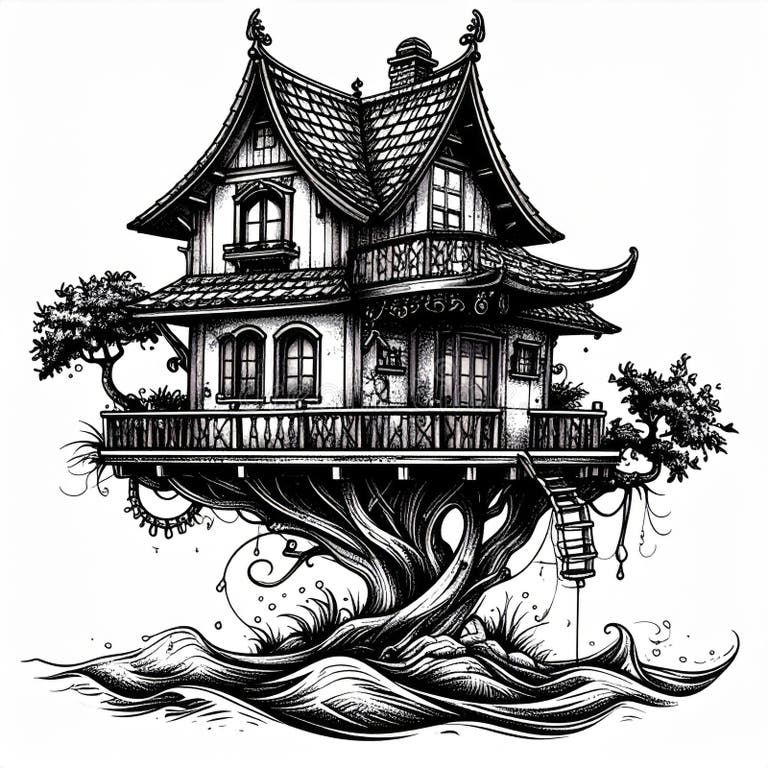 Whimsical Black and White Treehouse Illustration Stock Illustration ...
