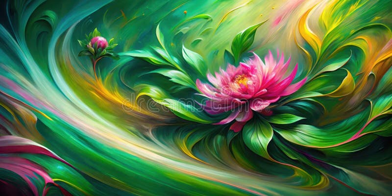 Whimsical Bloom in a Vibrant, Abstract Garden of Lush Greens and Pinks ...