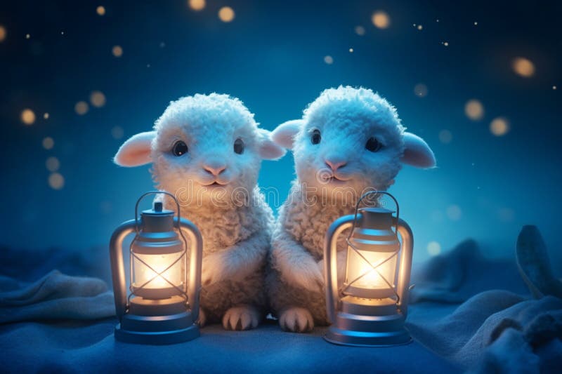 Whimsical Blue Ambiance with Twin Lambs and Radiant Lantern Stock ...