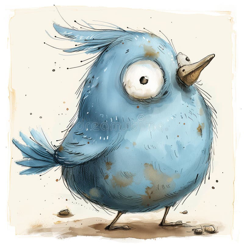 Whimsical Blue Bird Standing on a Sandy Ground with Curious Expression ...