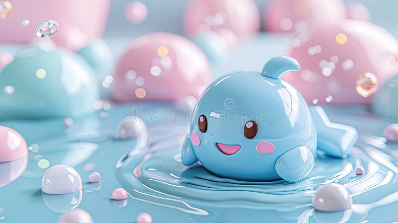 Whimsical Blue Creature with Water Drops and Bubbles. Stock ...