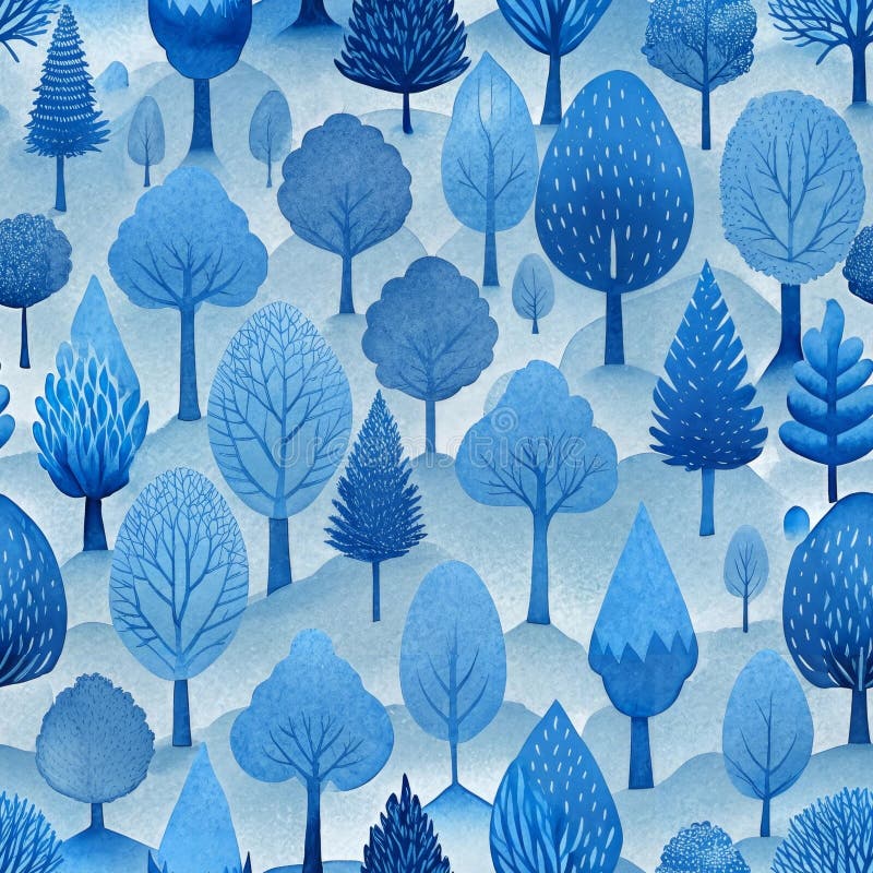 Whimsical Blue Forest with Minimalist Tree Patterns and Geometric ...