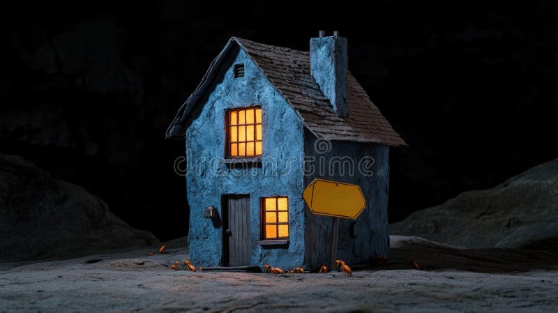 A Whimsical Blue House with a Danger Sign Glowing Windows in a Dark ...