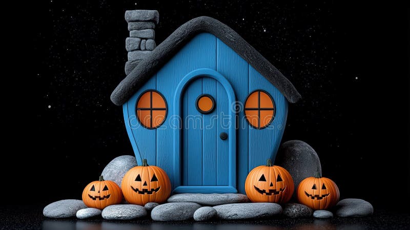 A Whimsical Blue House with Pumpkins and Rocks on a Dark Spooky ...