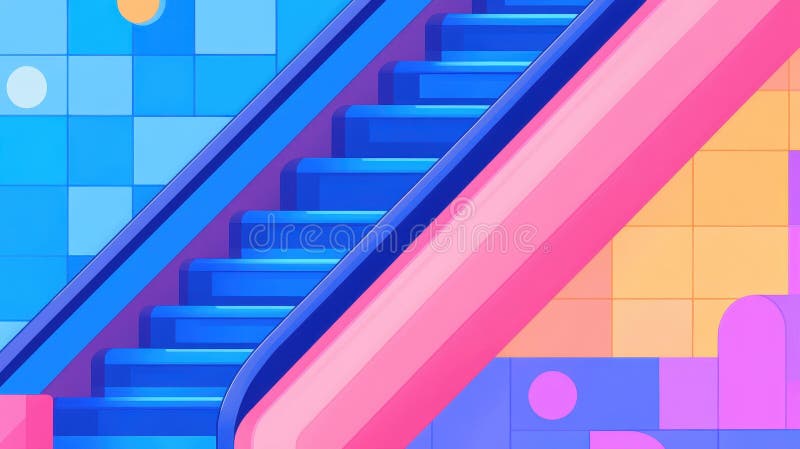 A Whimsical Blue and Pink Escalator in a Flat Illustration Style ...