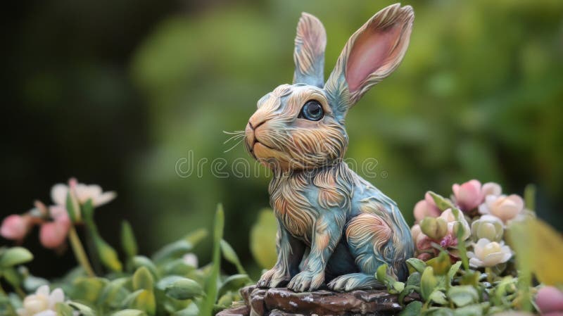 Whimsical Blue Rabbit Sculpture in a Garden Setting Stock Illustration ...