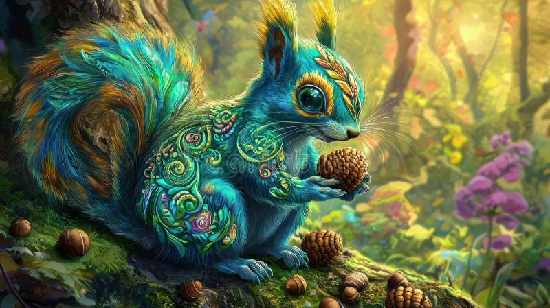Whimsical Blue Squirrel with Intricate Designs in a Forest Stock ...