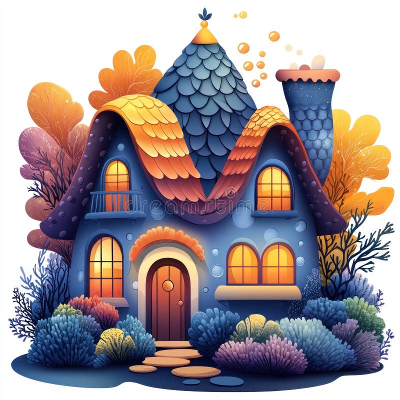 Whimsical Blue and Yellow House Illustration Stock Illustration ...
