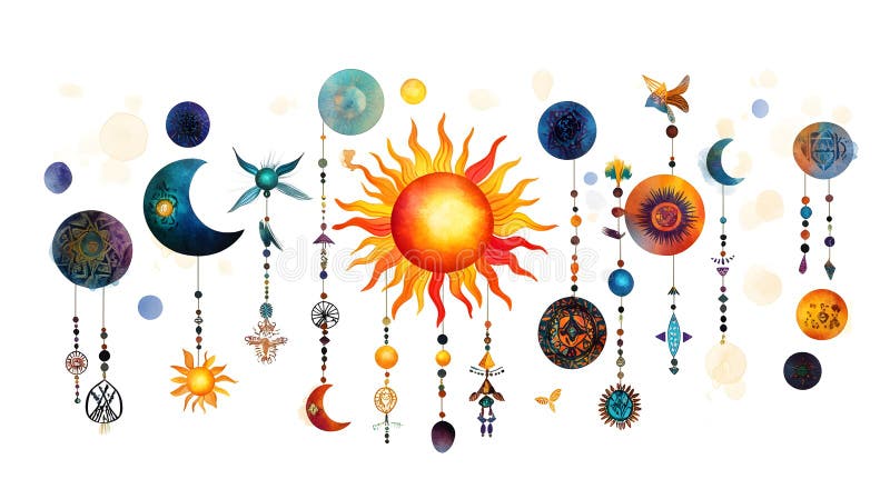 Whimsical Boho Sun and Moon Phase Illustration with Colorful Celestial ...