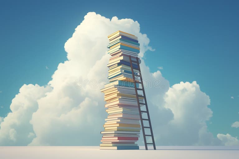 Whimsical Book Stack with Ladder Against Cloudy Sky Backdrop Stock ...