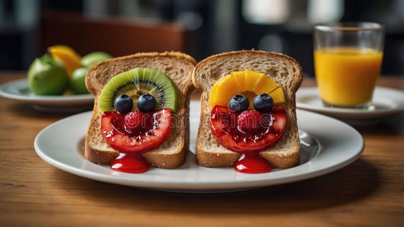 Whimsical Breakfast Featuring Fruit and Toast Arranged As Playful Faces ...