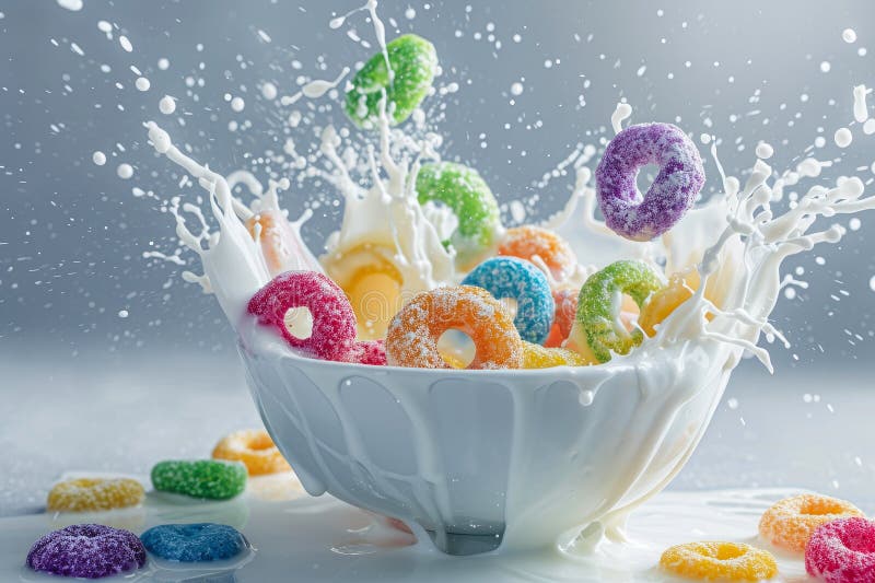 Whimsical Breakfast: Splashed Fruit Loops in Creamy Pastels. Stock ...
