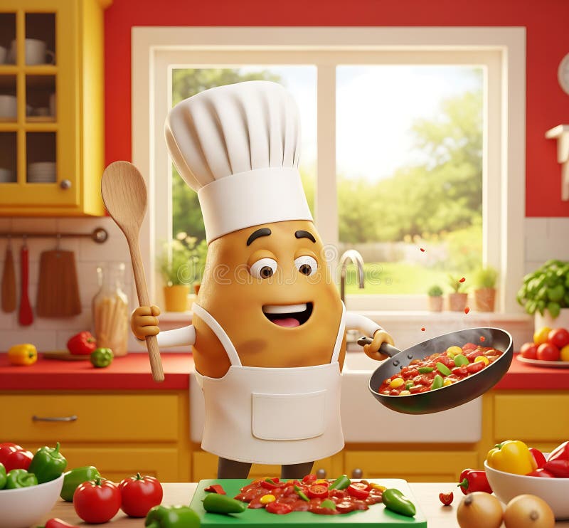 Cheerful Potato Chef Cooking Vegetables in a Sunny Kitchen Stock ...