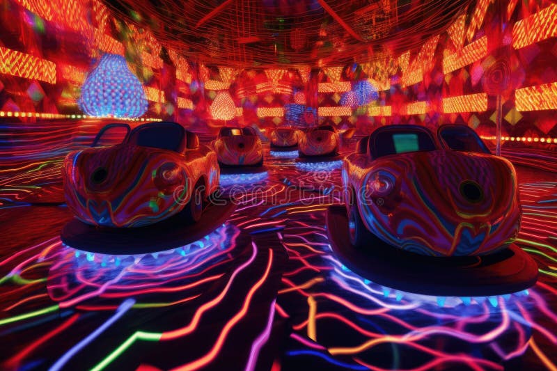 Whimsical Bumper Cars with Vibrant Lights and Patterns Stock ...