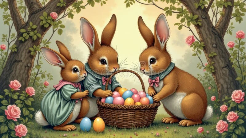 Whimsical Bunny Family Gathering Easter Eggs in Enchanting Garden ...