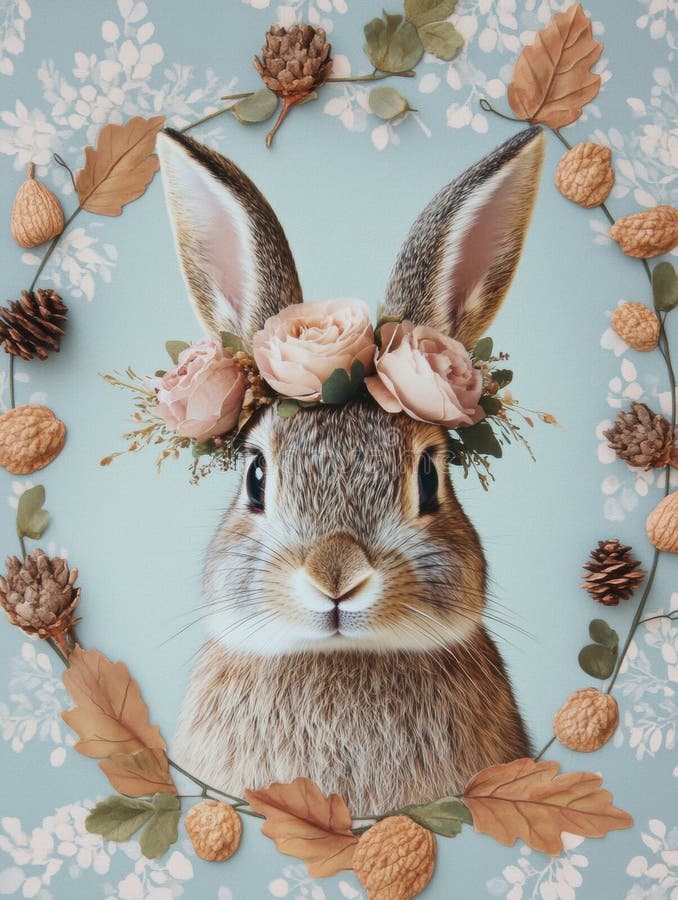 Floral Bunny Portrait Adorned with Acorns and Pastel Leaves Creating a ...