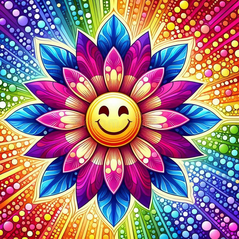 Whimsical Burst of Colors Featuring a Smiley Face and Mandala Patterns ...