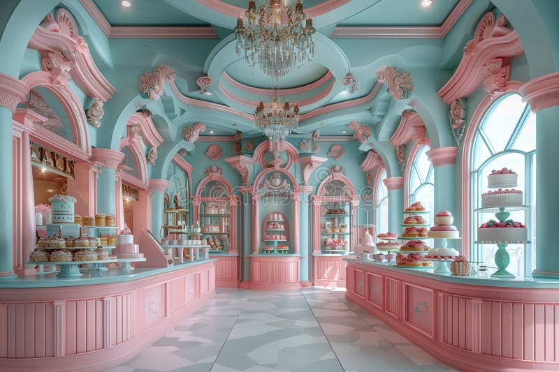 Whimsical Cake Shop with Pastel Colors and Ornate Cake Stands3D Render ...