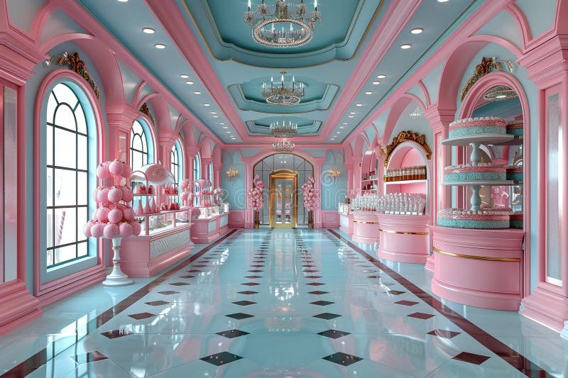 Whimsical Cake Shop with Pastel Colors and Ornate Cake Stands3D Render ...