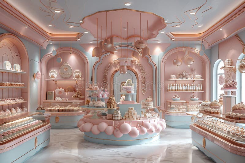 Whimsical Cake Shop with Pastel Colors and Ornate Cake Stands3D Render ...