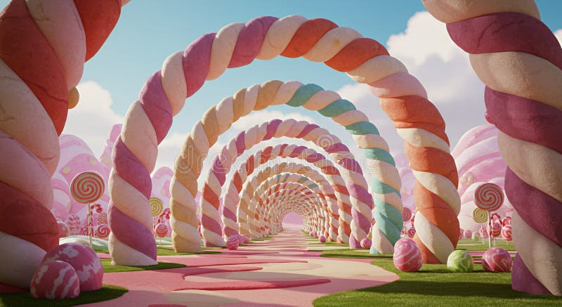Whimsical Candy Cane Arch Pathway in a Pastel Landscape Stock ...