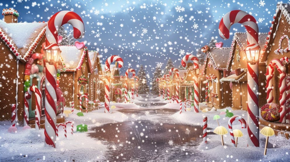 Whimsical Candy Cane Lane with Snowfall at Twilight Stock Photo - Image ...