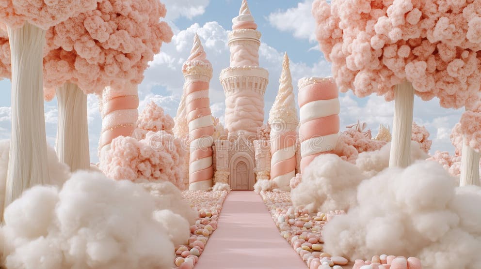 Whimsical Candy Castle Amid Cotton Candy Trees and Fluffy Clouds Stock ...