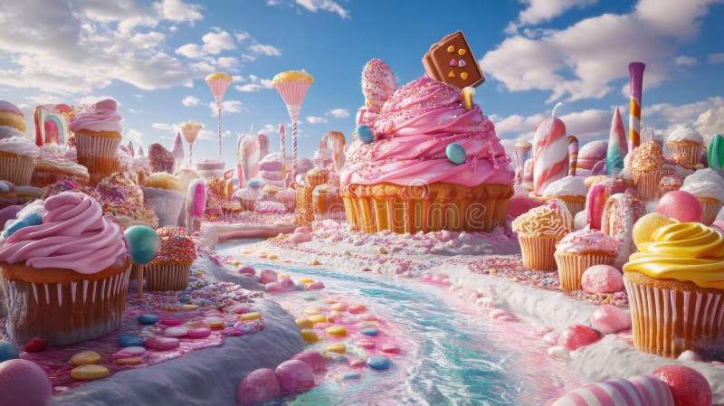 Whimsical Candy Cupcake Landscape with Pink and Blue Accents Stock ...