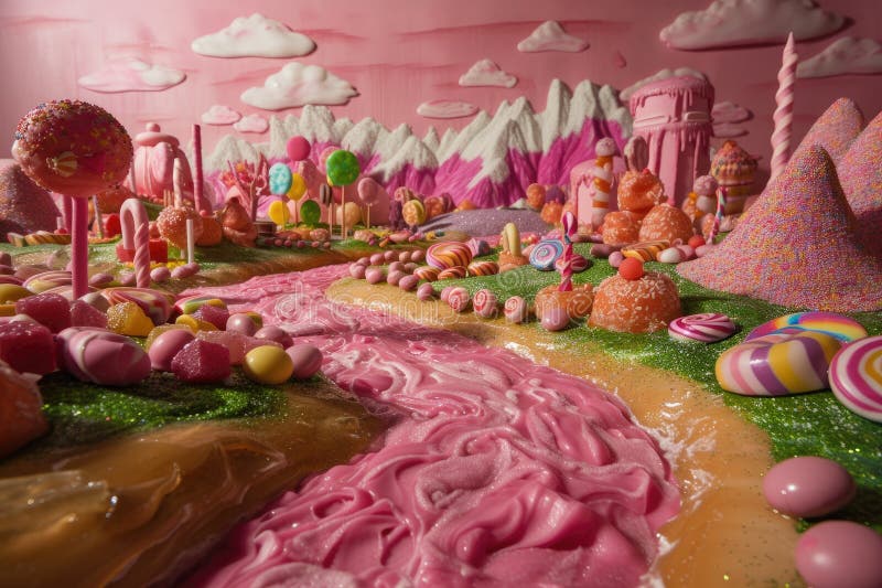 Whimsical Candy Land with Chocolate Rivers and Jelly Mountains Stock ...