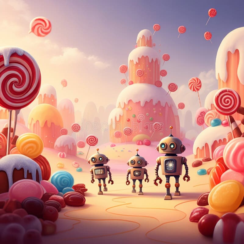 Whimsical Candy Land with Pastel Hills and Cute Robots - AI Generated ...