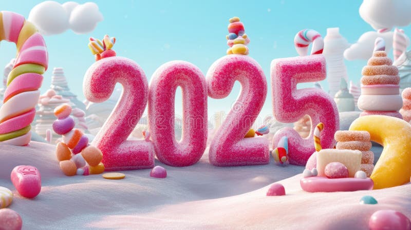 Whimsical Candy Land Welcoming 2025 in Pink and Yellow Stock Image ...