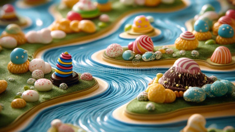 Whimsical Candy Landscape with Colorful Sweets and Blue River Stock ...