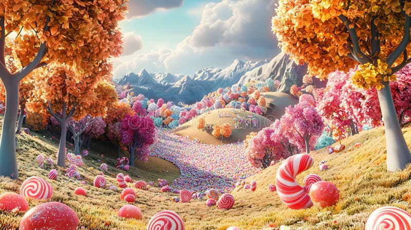 Whimsical Candy Landscape with Colorful Trees Stock Illustration ...