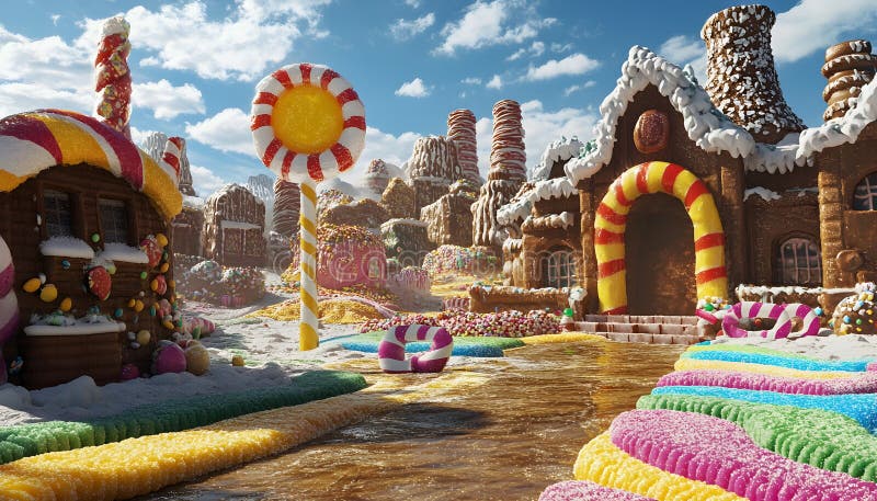 A Whimsical Candy Landscape Featuring Gingerbread Houses and Colorful ...
