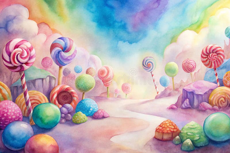 Whimsical Candy Landscape with Lollipop Trees and Colorful Sweets Stock ...
