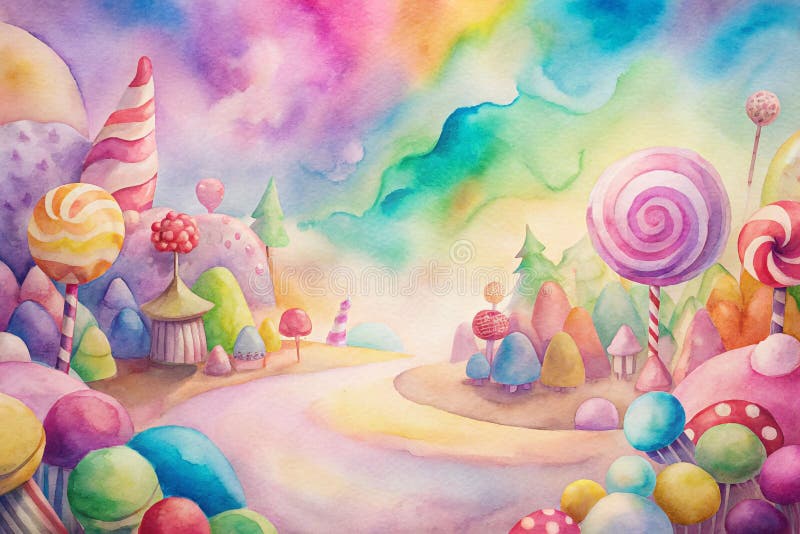 Whimsical Candy Landscape Watercolor Painting Stock Illustration ...