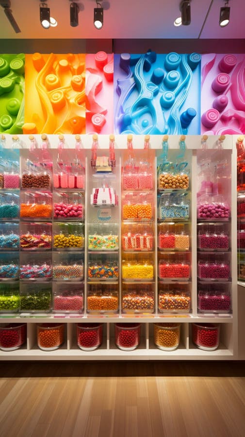 A Whimsical Candy Store with a 3D Wall Pattern of Colorful Sweets ...